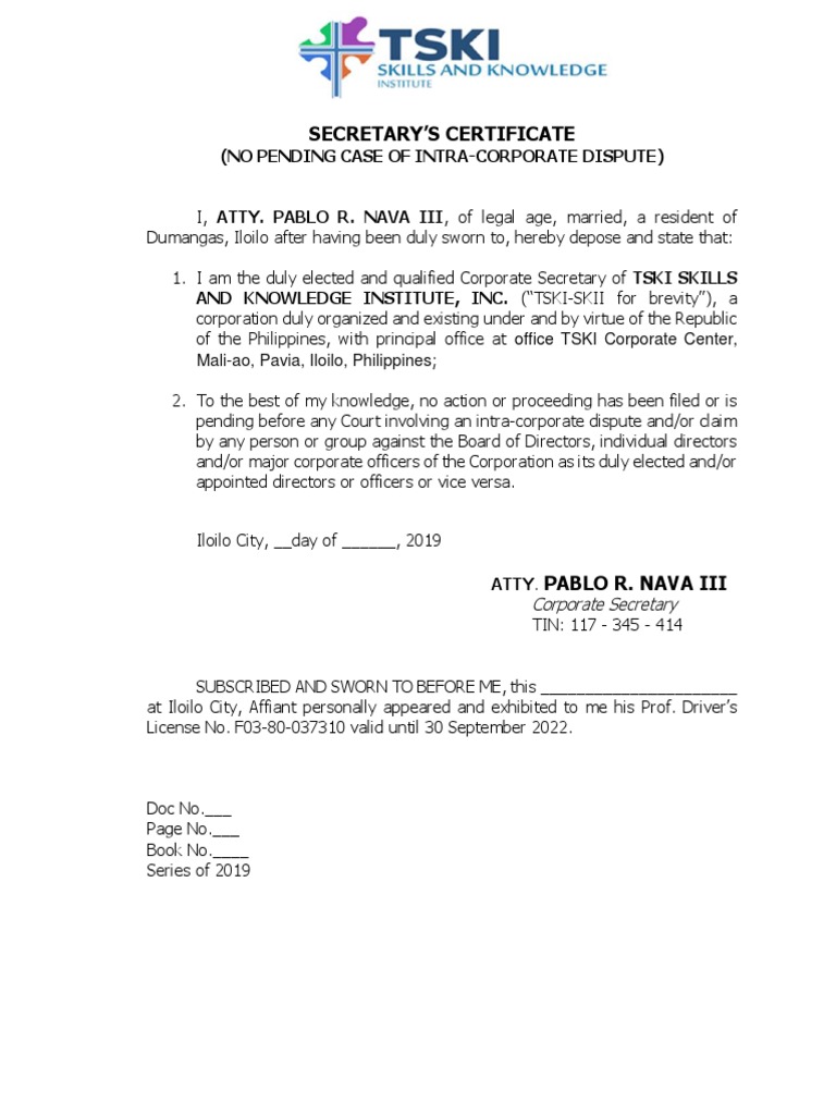 Secretary Certificate | PDF