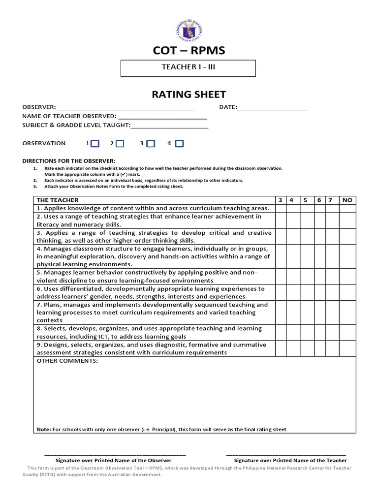 COT-RPMS Classroom Observation Rating | PDF | Teachers | Curriculum