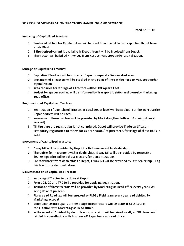 Sop For Demonstration Tractors Handling and Storage | PDF | Invoice ...