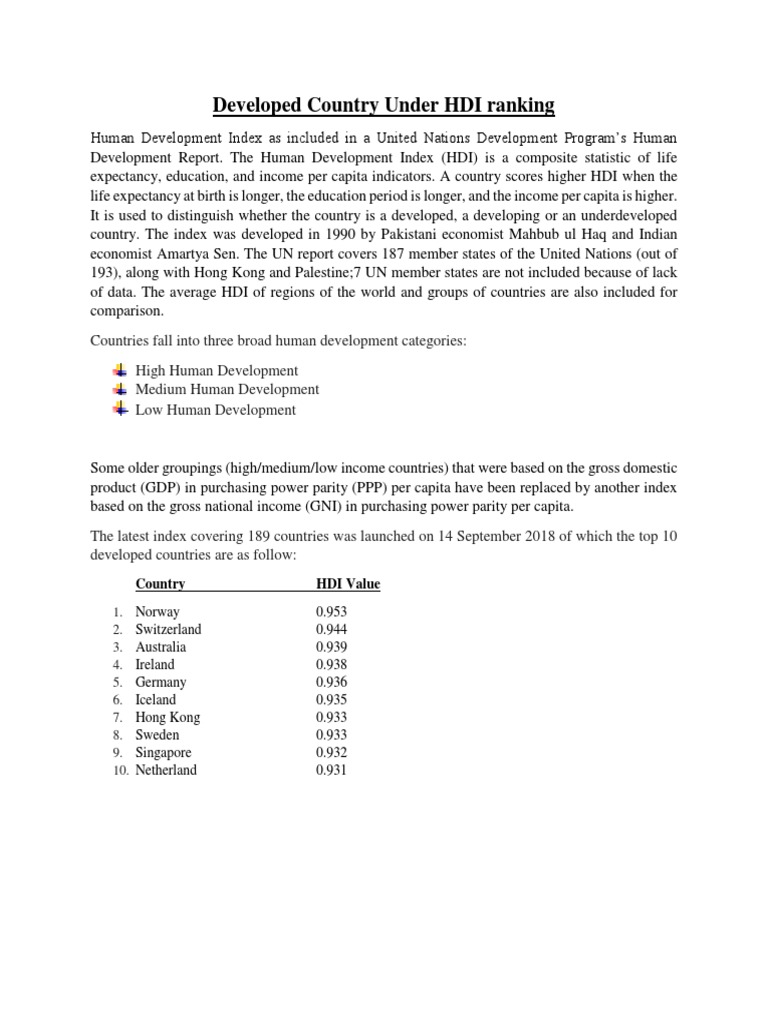 Developed Country HDI Ranking | PDF | Human Development Index ...