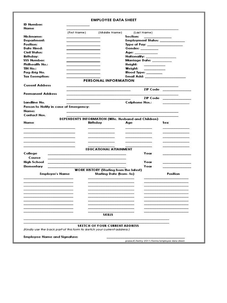 Employee Personal Data Sheet Template | PDF | Government | Social ...
