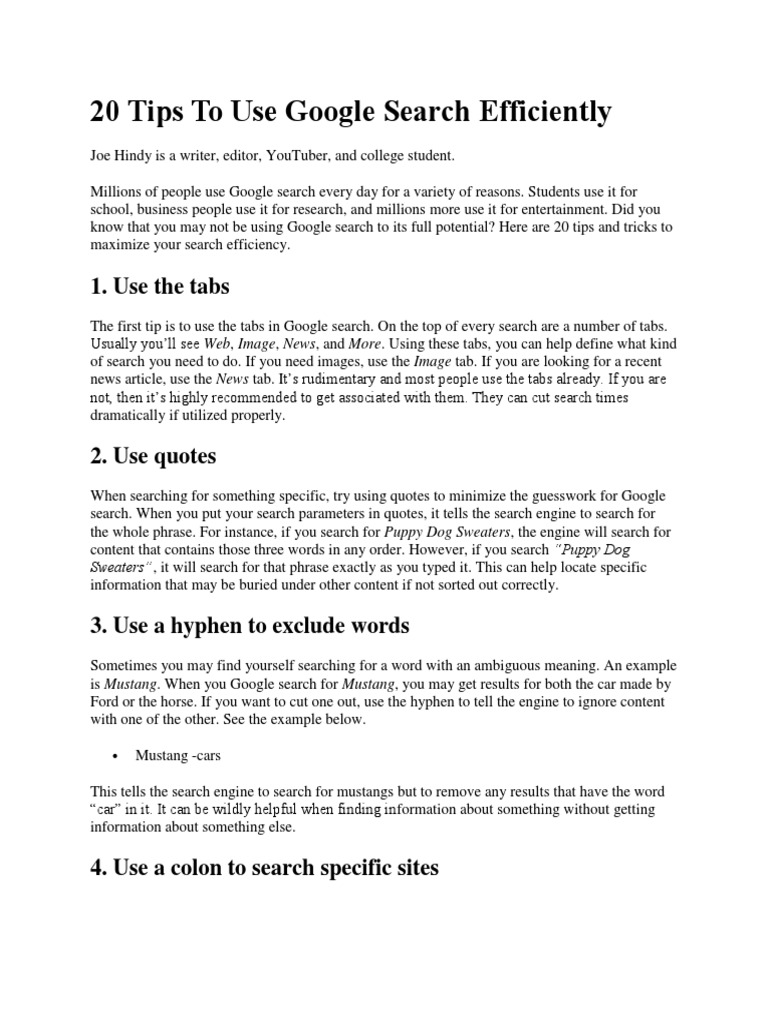 20 Tips To Use Google Search Efficiently | PDF | Web Search Engine ...