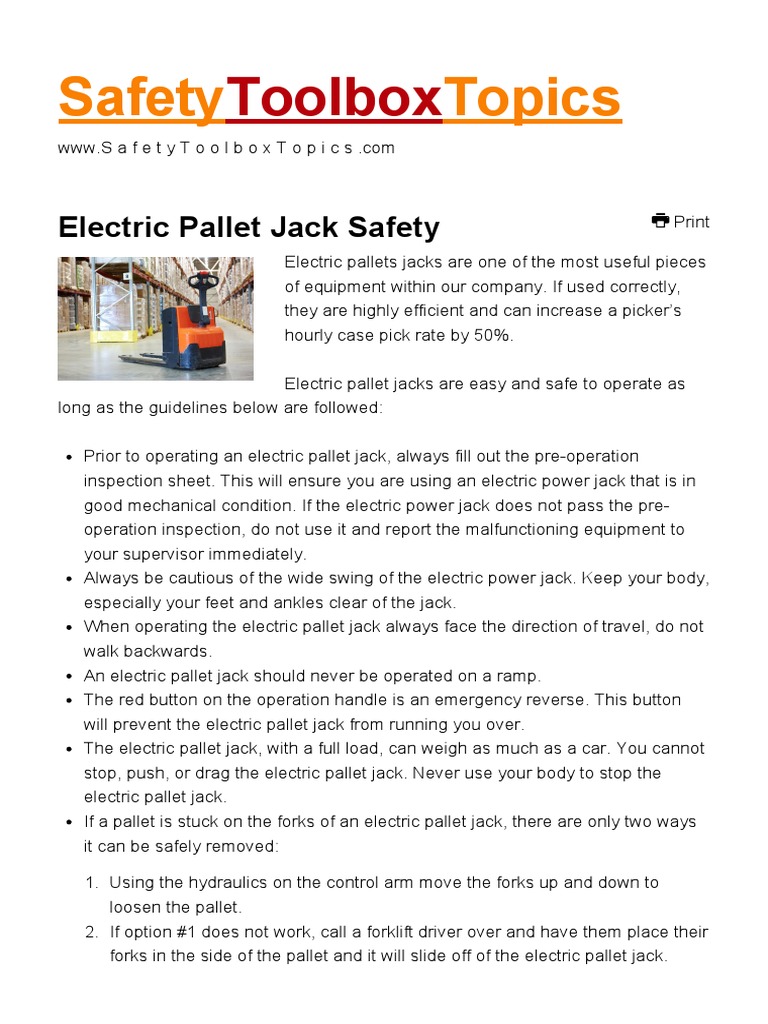 Electric Pallet Jack Safety | PDF | Pallet | Forklift