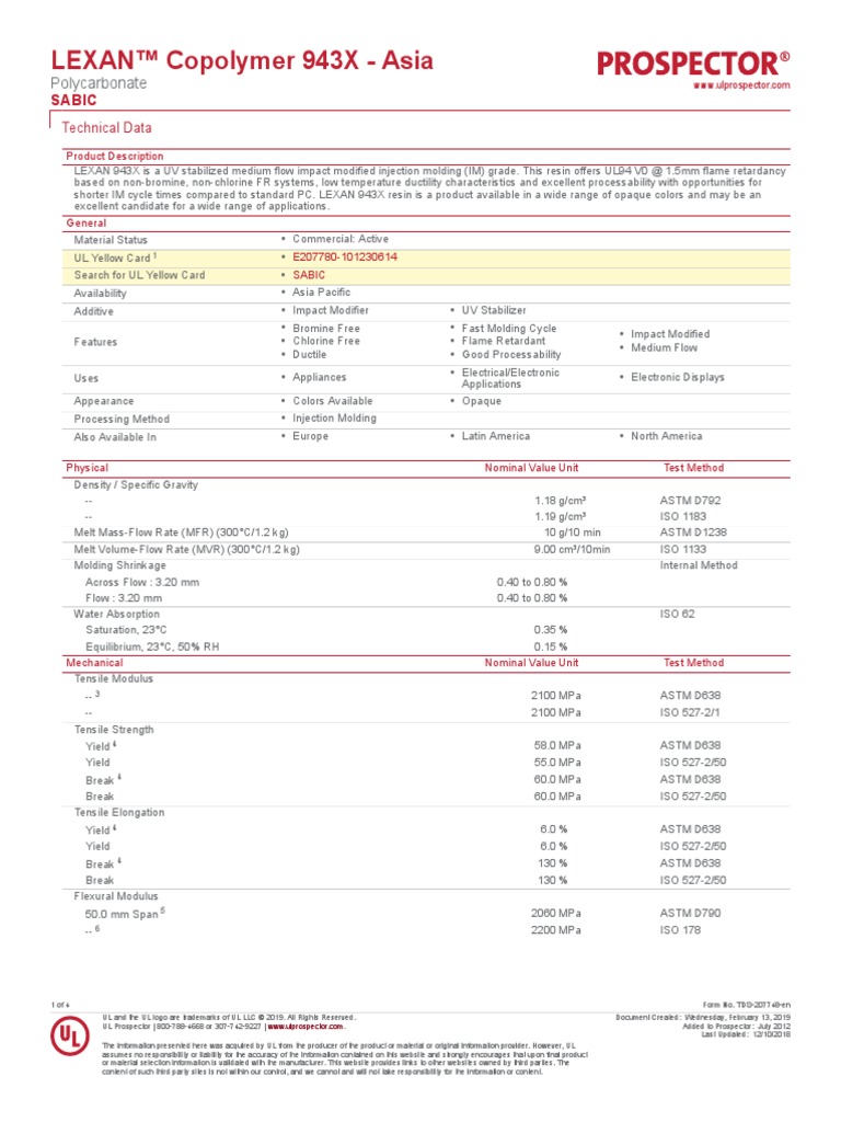 LEXAN™ Copolymer 943X - Asia | PDF | Chemical Product Engineering ...
