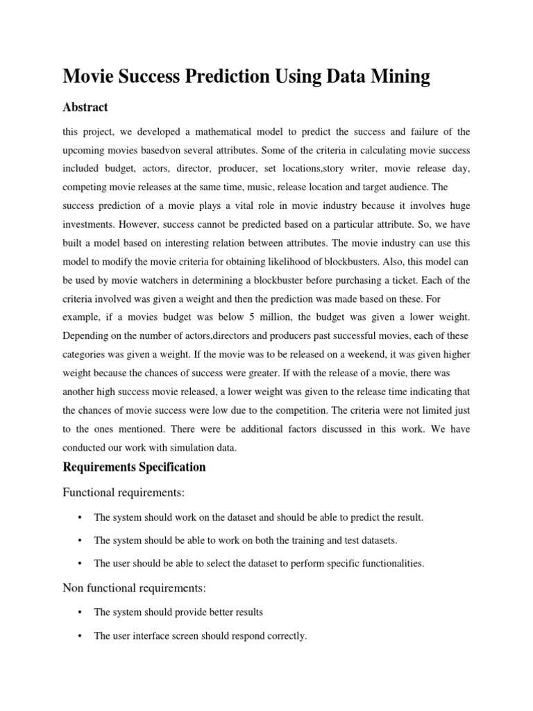 Movie Success Prediction Using Data Mining: Functional Requirements ...