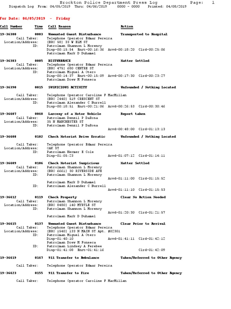 Brockton Police Dispatch Log 04/05/2019 | PDF | Legal Action | Public ...