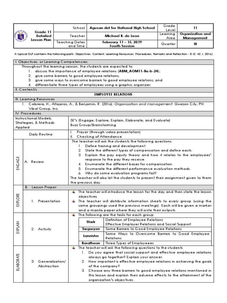 Grade 11 Detailed Lesson Plan 11 Michael R. de Leon Organization and ...