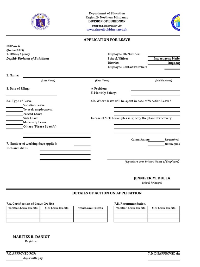 Form 6 Blank | PDF | Leave Of Absence | Sick Leave