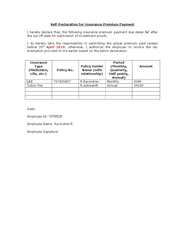 03.self Declaration For Insurance Premium 12-13 | PDF