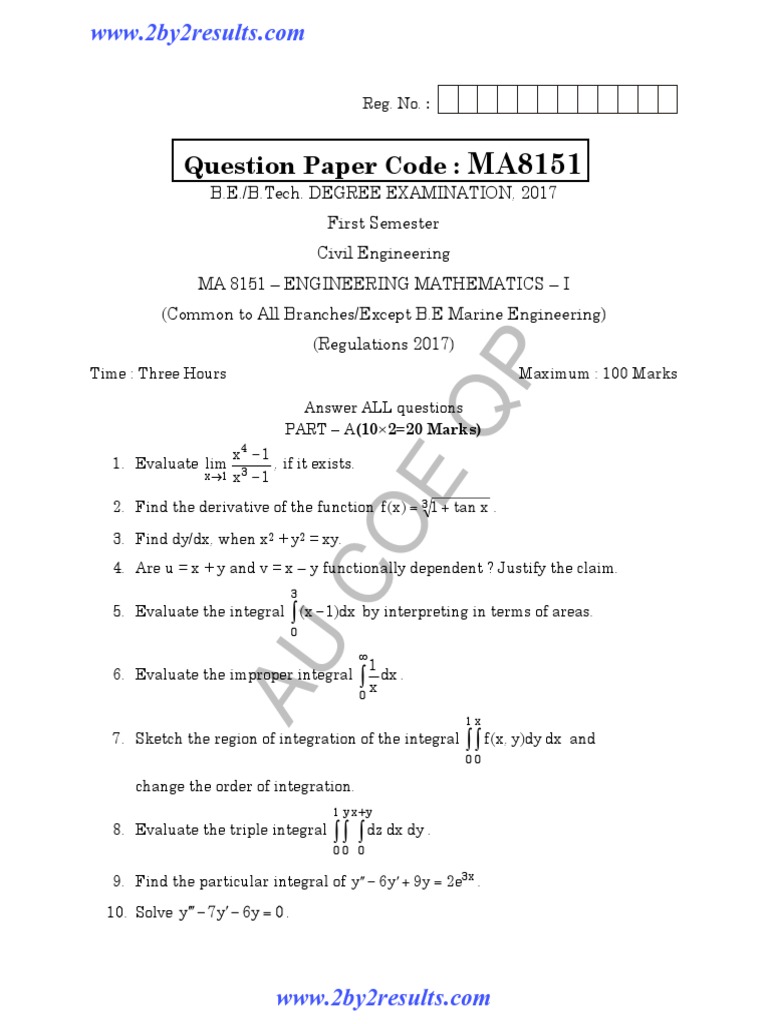 Au Coe QP: Question Paper Code | PDF | Integral | Derivative