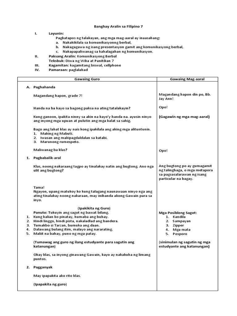 Banghay Aralin Sa Filipino 7 | PDF