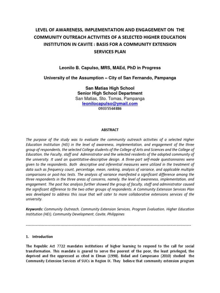 Level of Awareness, Implemenattiona ND Engagement On The Community ...