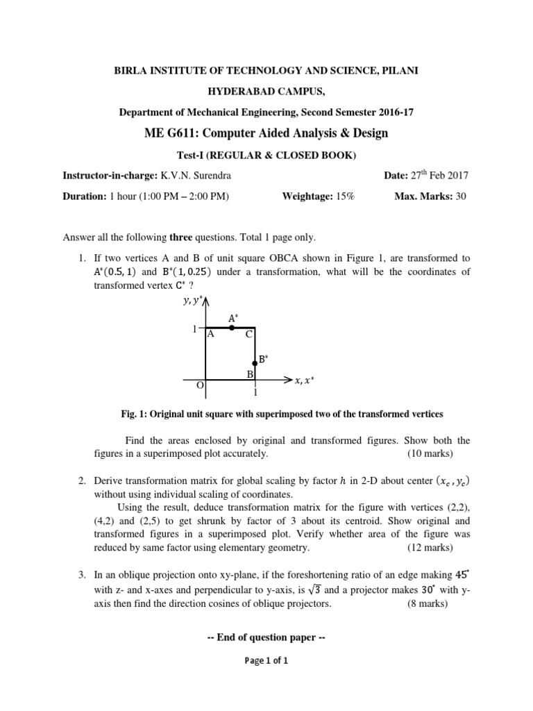 ME G611: Computer Aided Analysis & Design: Fig. 1: Original Unit Square ...