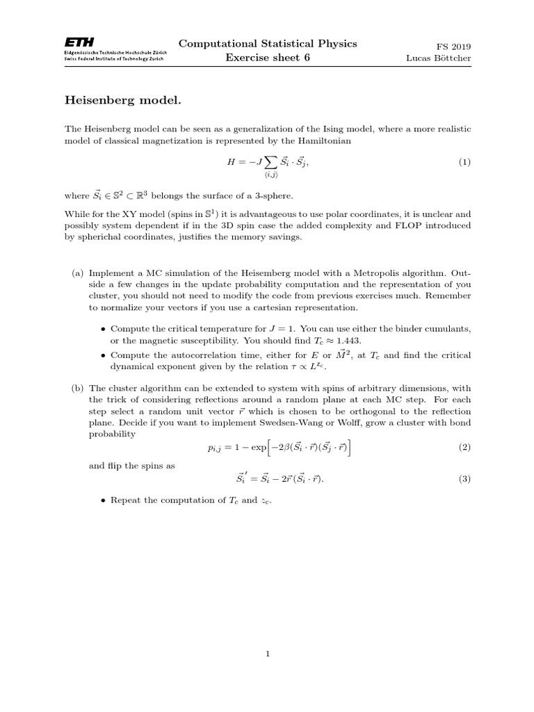 Heisenberg Model.: Computational Statistical Physics Exercise Sheet 6 | PDF | Teaching Methods ...