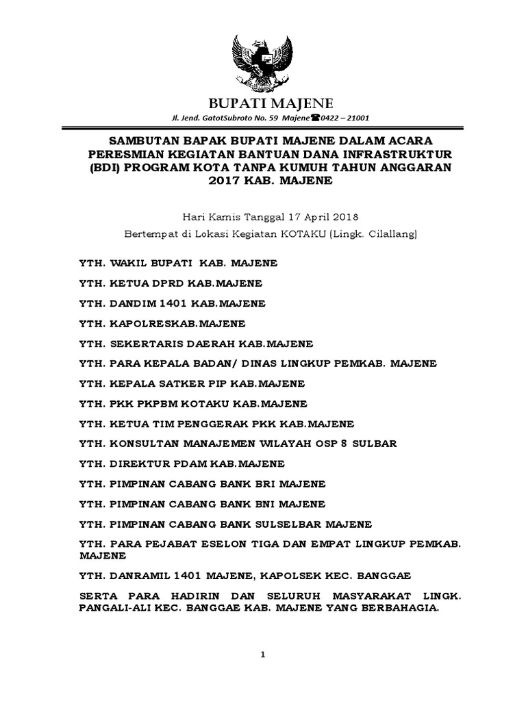 Pidato Sambutan BUPATI MAJENE Acara Peresmian BDI 2018 | PDF