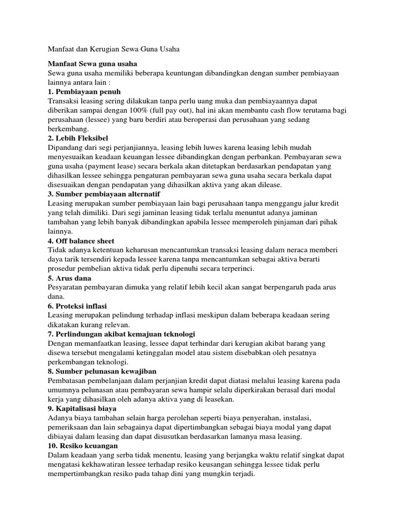 Manfaat dan Kerugian Leasing Usaha | PDF | Bisnis