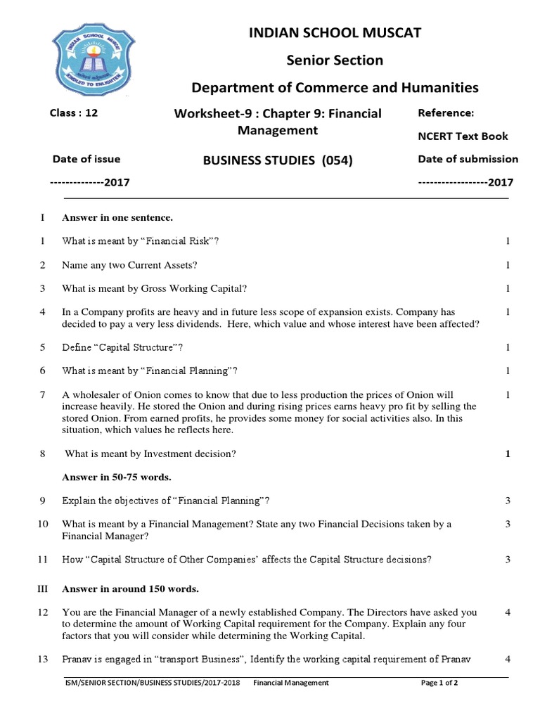 Class - Xii - Business - Studies - Worksheetno. 9 - On Financial ... Class - Xii - Business - Studies - Worksheetno. 9 - On Financial ...