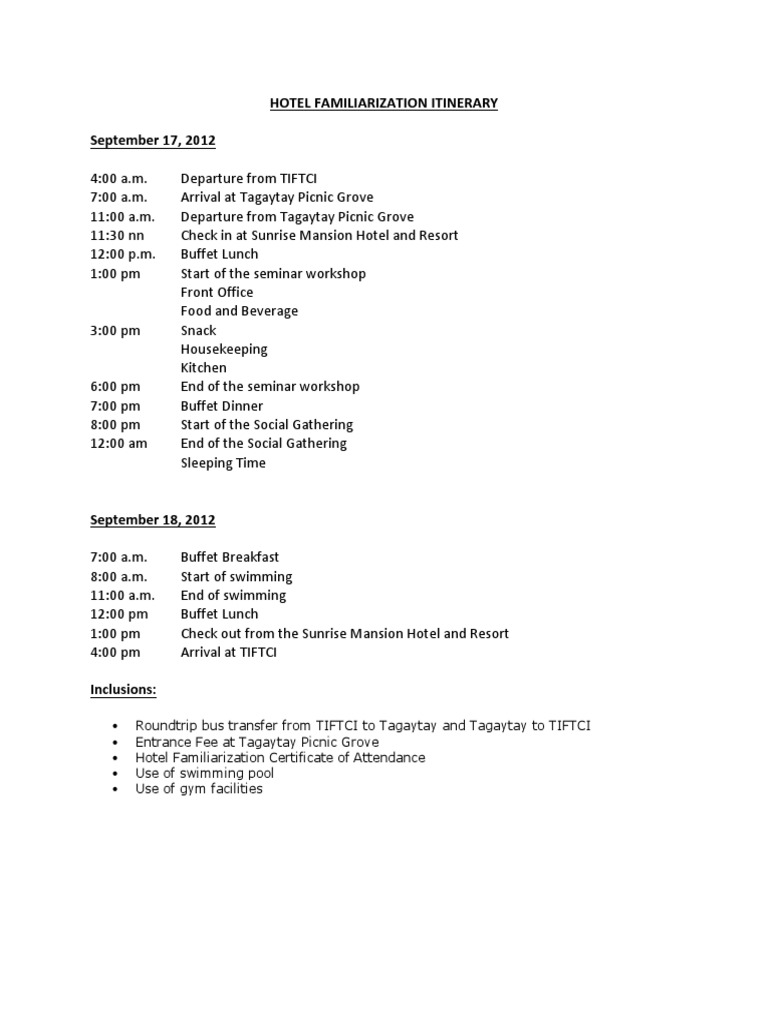 Hotel Familiarization Itinerary | PDF | Cooking, Food & Wine | Home ...