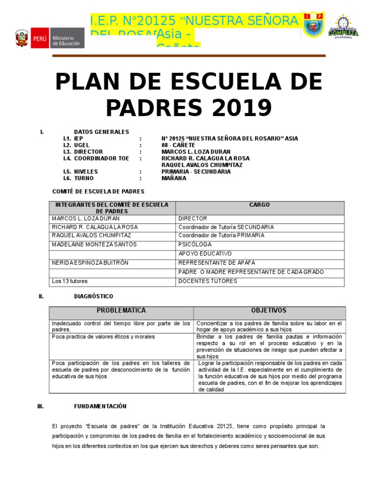 Plan de Escuela para Padres 2019 - Iep20125 | PDF | Familia ...