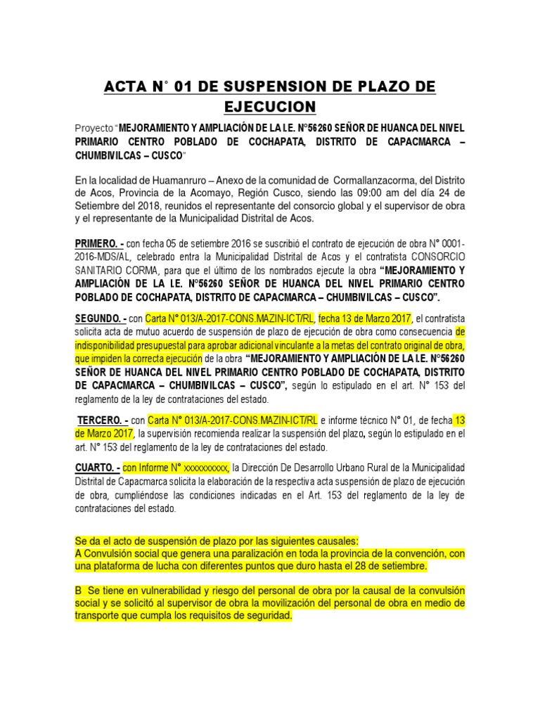 Acta N° 01 De Suspension De Plazo De Ejecucion | Política | Gobierno