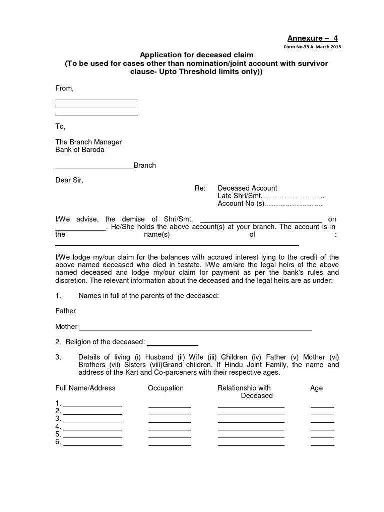 Deceased Claim Application Form | PDF | Death Certificate | Deposit Account