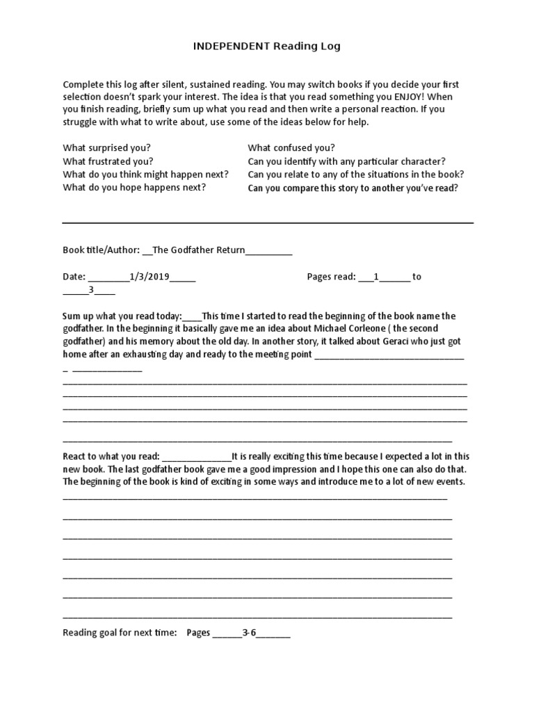 INDEPENDENT Reading Log | PDF