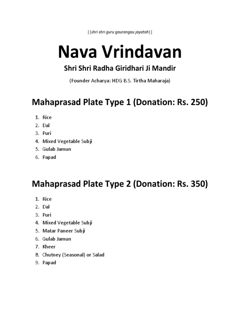 Nava Vrindavan: Mahaprasad Plate Type 1 (Donation: Rs. 250) | Download ...