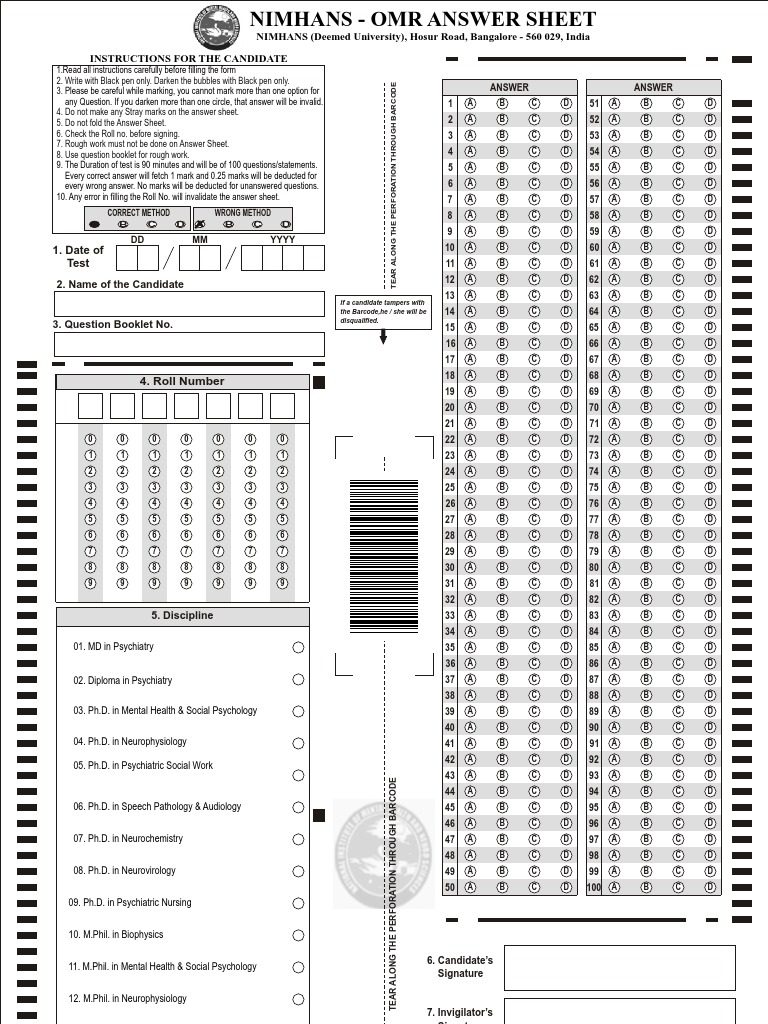 NIMHANS OMR Answer Sheet Instructions | PDF | Psychiatry | Mental Health