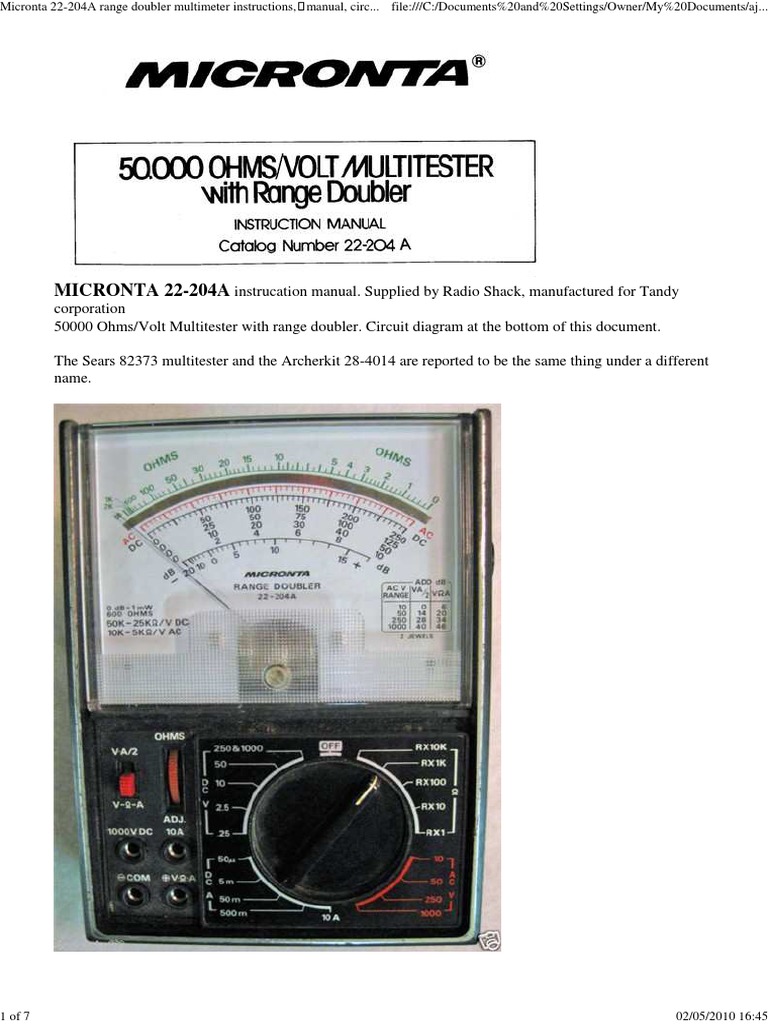 Micronta 22-204A Multimeter Manual | PDF | Volt | Decibel