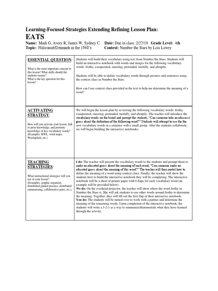 Vocabulary Lesson Plan for Number the Stars | PDF | Human Communication ...