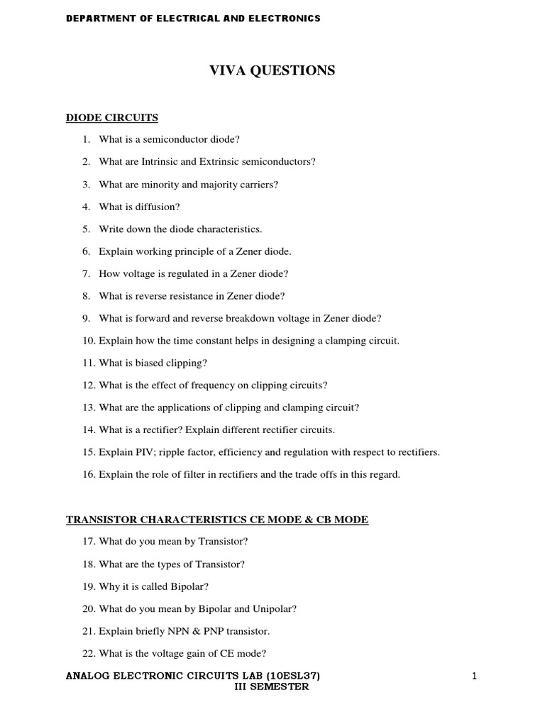 EE VIVA QUESTIONS ON DIODE CIRCUITS, TRANSISTORS, AMPLIFIERS | PDF ...
