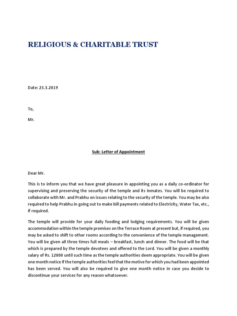 Religious & Charitable Trust: Sub: Letter of Appointment | PDF | Eating ...