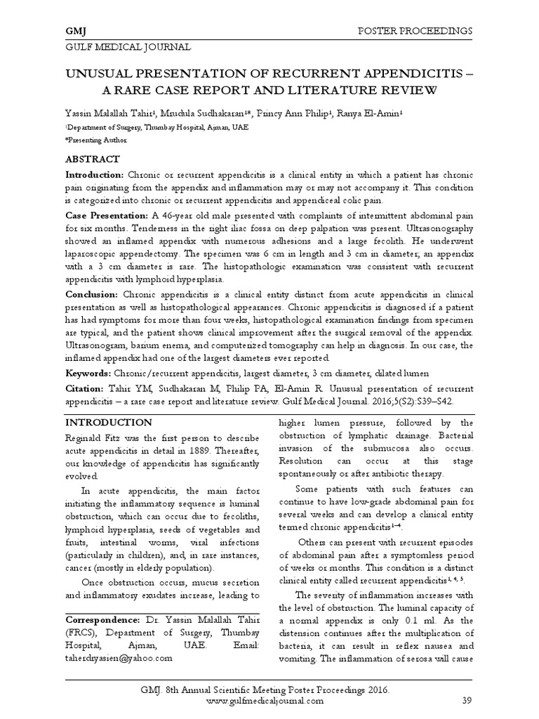 Unusual Presentation of Recurrent Appendicitis - A Rare Case Report and Literature Review ...