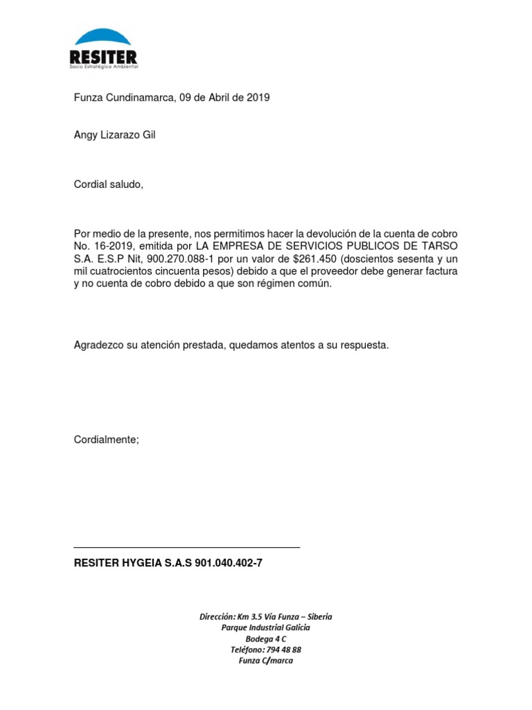 Carta de Devolucion de Factura | PDF