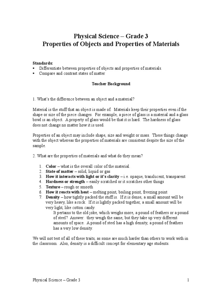 Physical Science - Grade 3 Properties of Objects and Properties of ...