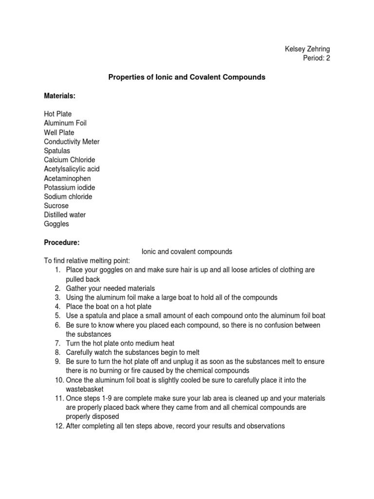 Ionic vs Covalent Compounds Lab | PDF | Ionic Bonding | Chemical Compounds