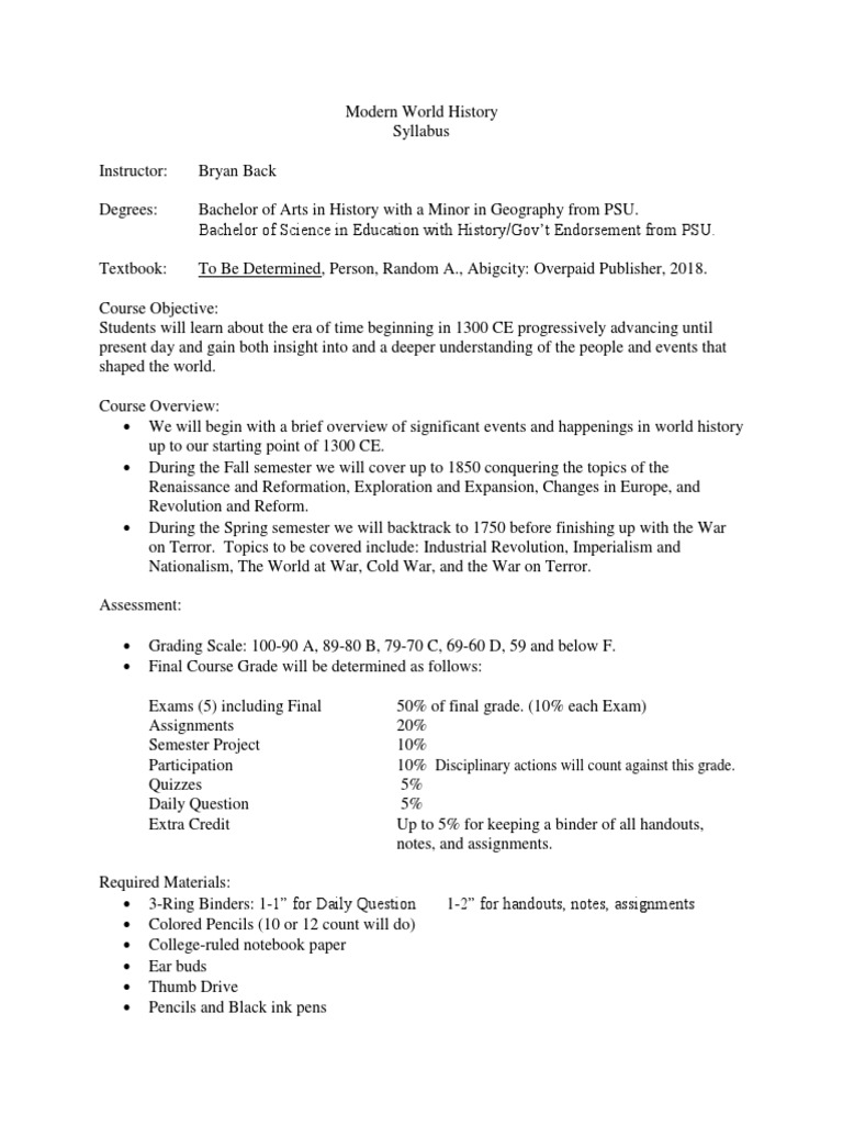 Syllabus - Modern World History | PDF | Bachelor's Degree | Test ...