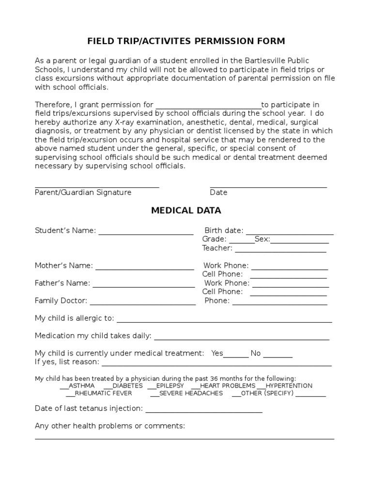 Field Trip Permission Slip | PDF | Physician | Medical Specialties