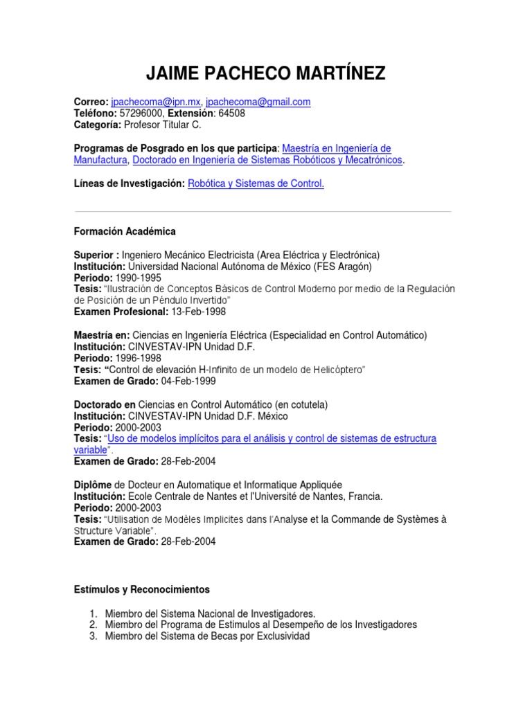 Currículum Jaime Pacheco | PDF | Mecatrónica | Maestros