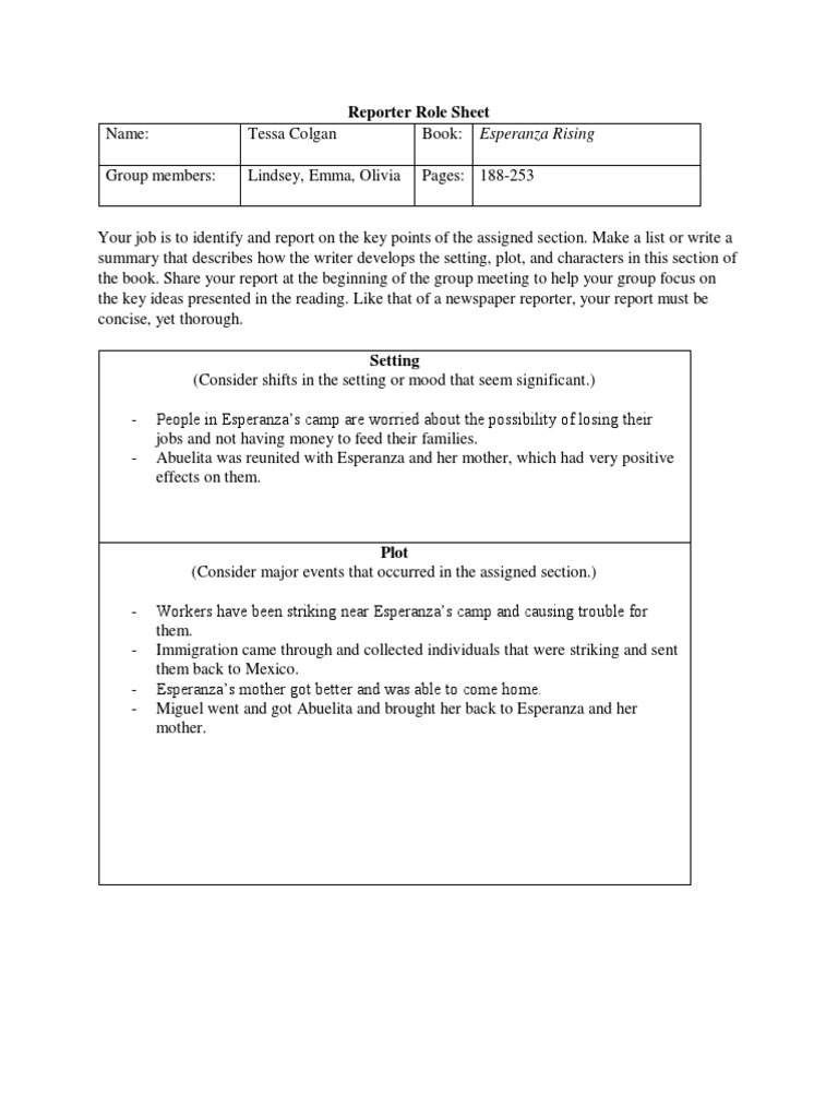 Reporter Role Sheet 1 | PDF