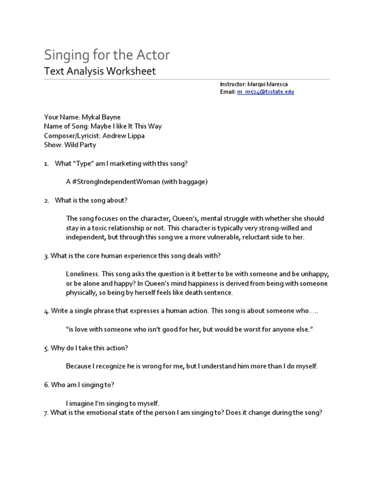 Singing For The Actor: Text Analysis Worksheet | PDF | Psychology ...