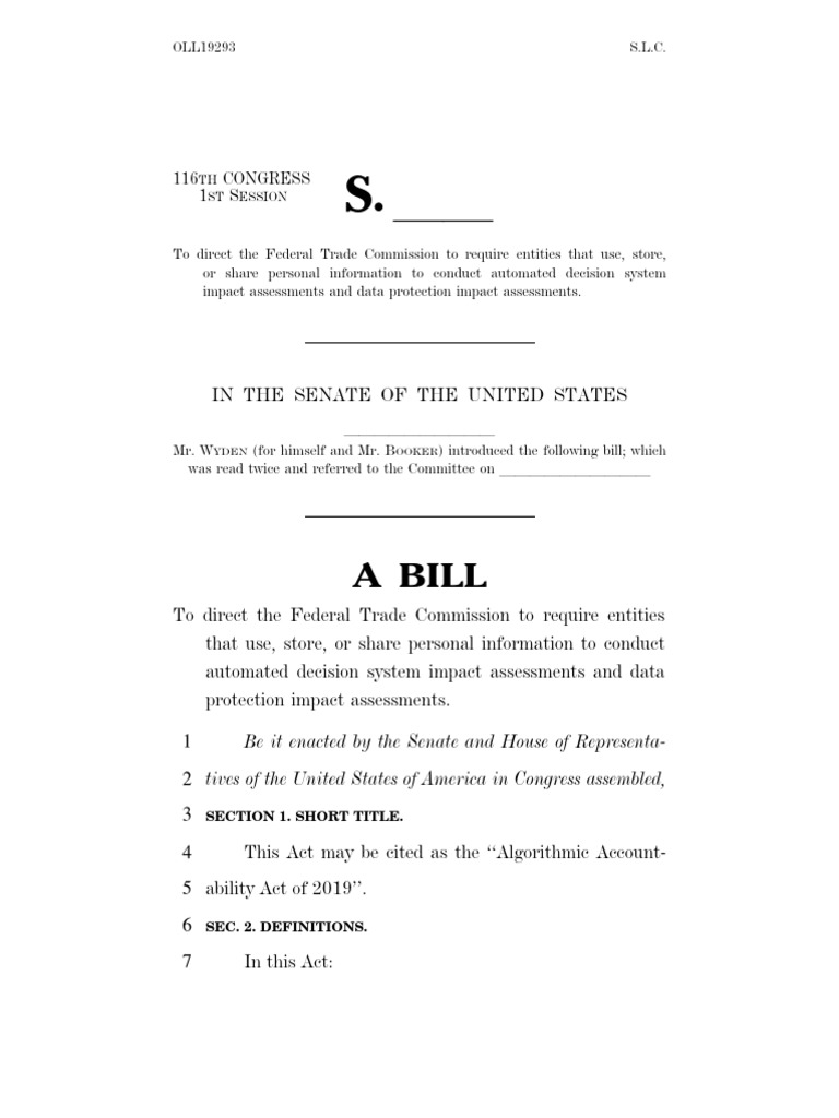 Algorithmic Accountability Act of 2019 Bill Text | PDF | Personally ...