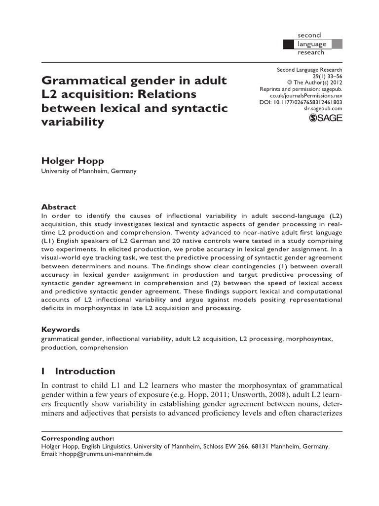 Grammatical Gender In Adult L2 Acquisition Relations Between Lexical