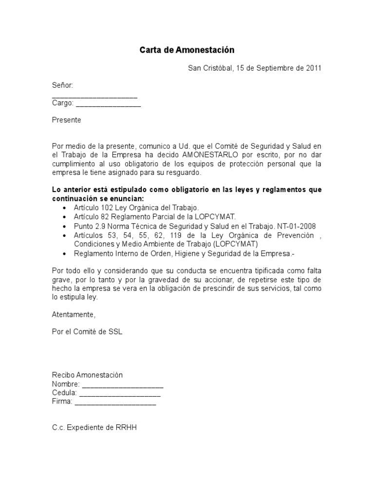 Carta De Amonestacion Por No Uso De Epp Carta De Amonestacion Por Fumar ... Carta De Amonestacion Por No Uso De Epp Carta De Amonestacion Por Fumar ...