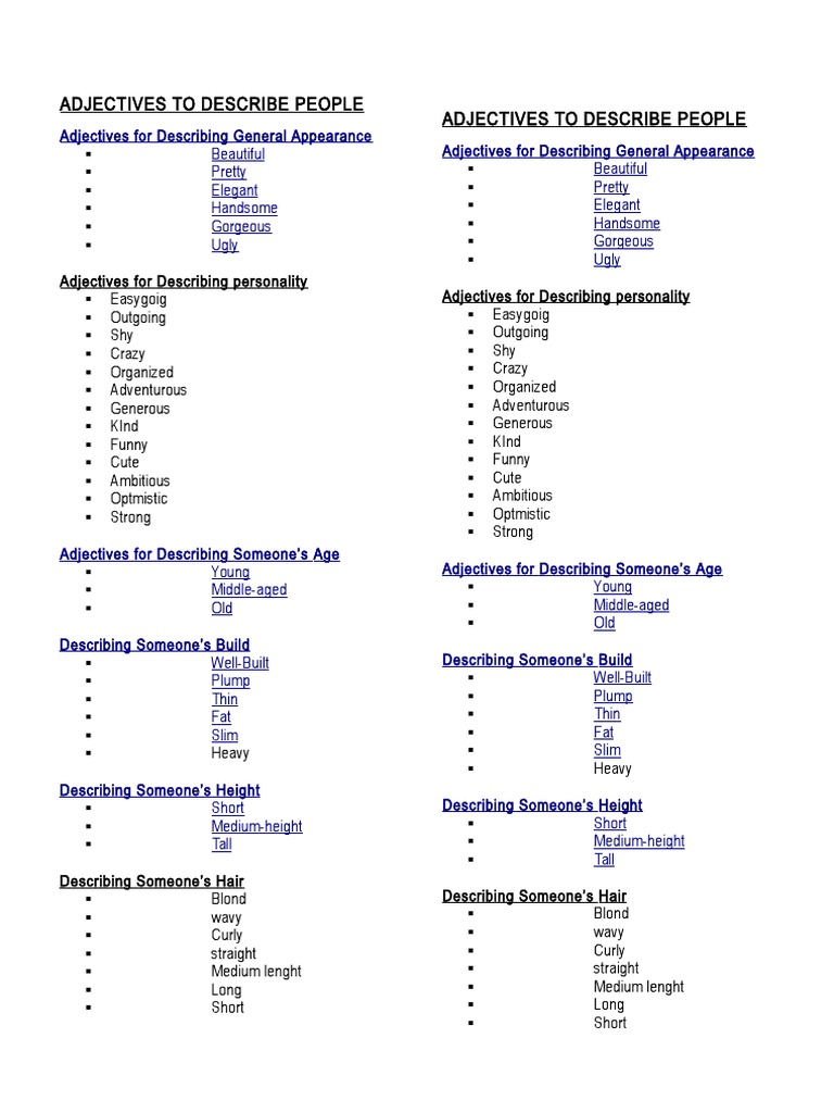 Adjectives To Describe People | PDF | Human Appearance | Human Hair