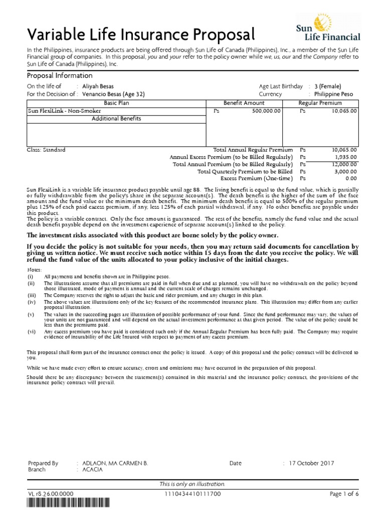 Sun FlexiLink Variable Life Proposal | PDF | Insurance | Life Insurance