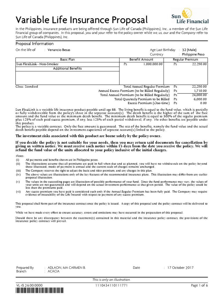 Variable Life Insurance Proposal | PDF | Investment Fund | Life Insurance