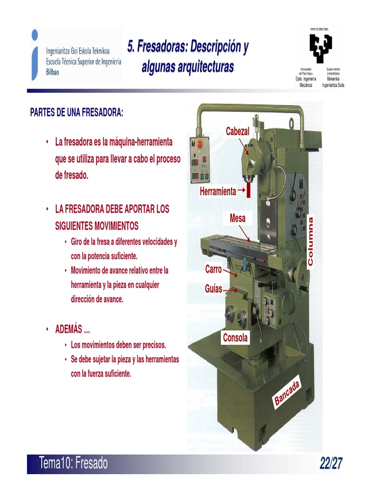 Partes de Una Fresadora PDF | PDF | Ingeniería mecánica | Bienes ...