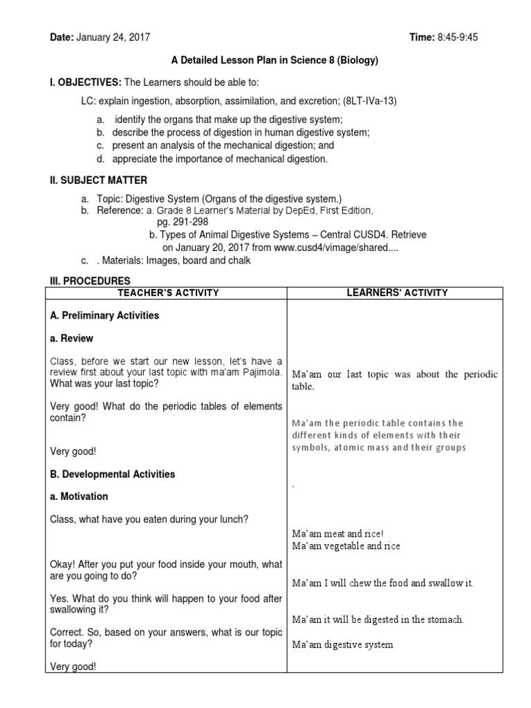 Detailed Lesson Plan in Biology | PDF | Digestion | Stomach