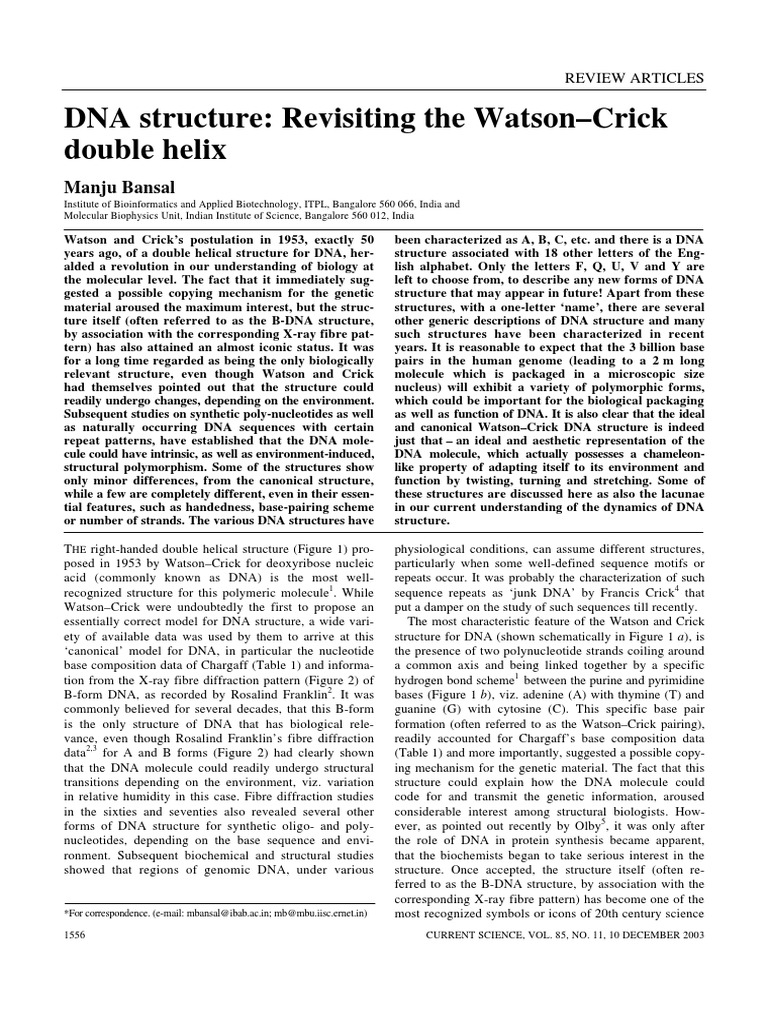 DNA Structurerevisiting The WatsonCrick PDF | PDF | Nucleic Acid Double ...